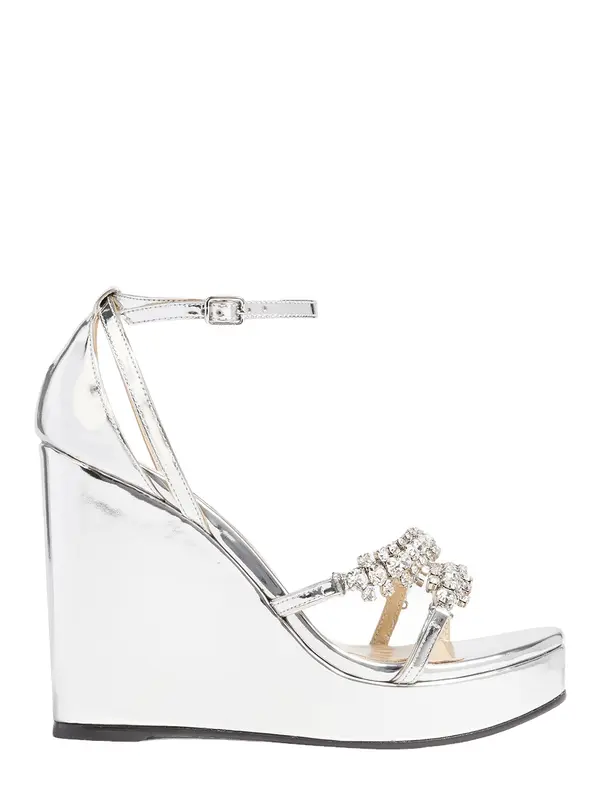 JIMMY CHOO Bing 120 Crystal-embellished Mirrored-leather Wedge Sandals - Silver