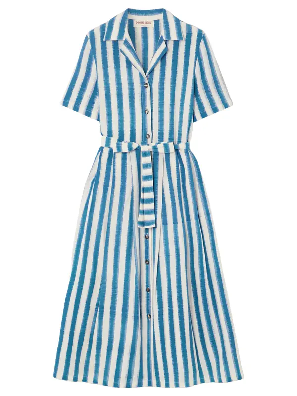EMPORIO SIRENUSE Claudia Belted Striped Cotton Shirt Dress - Blue