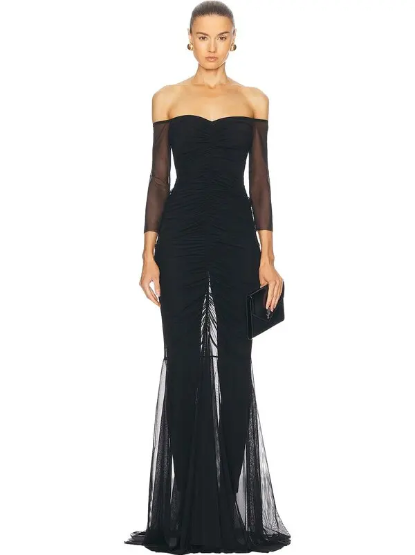 Norma Kamali Off Shoulder Shirred Front Fishtail Gown - Black