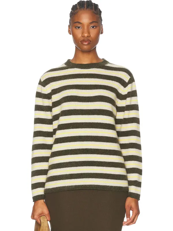 THE ELDER STATESMAN Sinful Stripe Crew Neck Sweater - Olive  White  & New Yellow