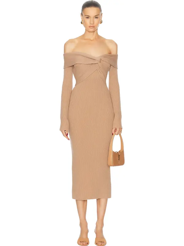 Roland Mouret Cashmere Off-shoulder Midi Dress - Beige