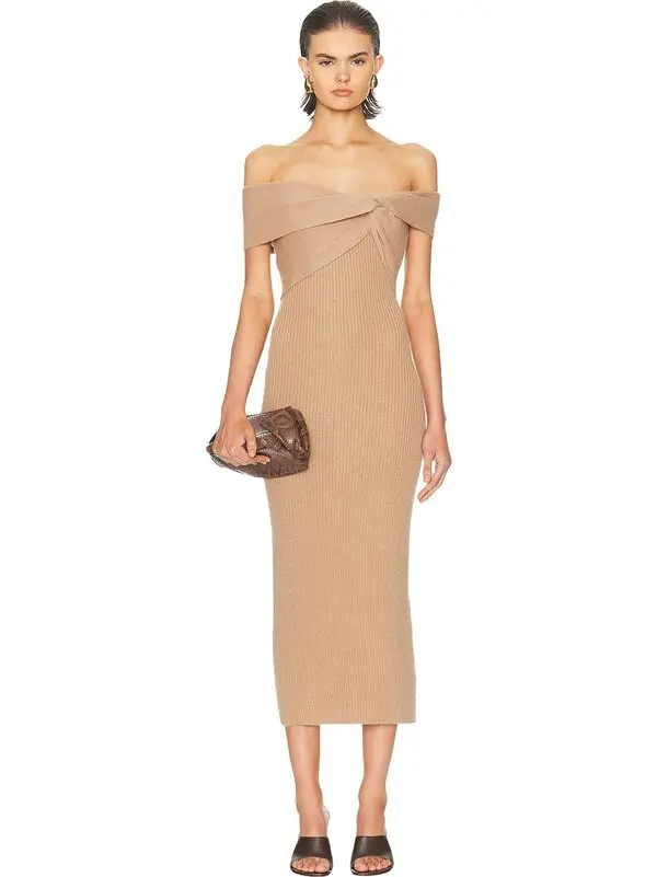 Roland Mouret Cashmere Off-shoulder Midi Dress - Beige