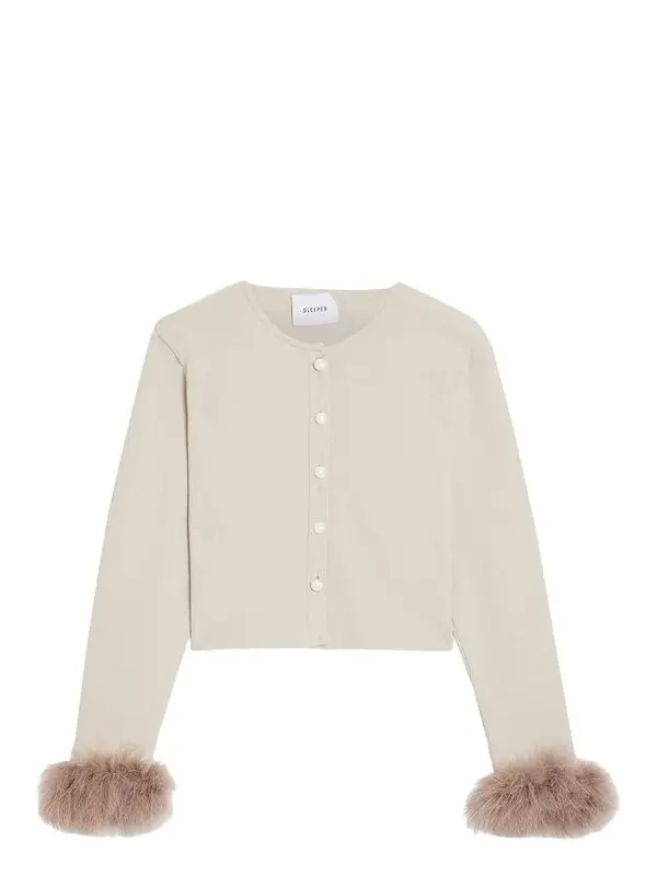 Sleeper Cropped Feather-embellished Cardigan - Beige
