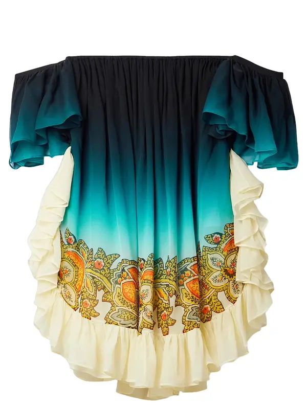 Etro Off-the-shoulder Printed Silk-chiffon Mini Dress - Turquoise