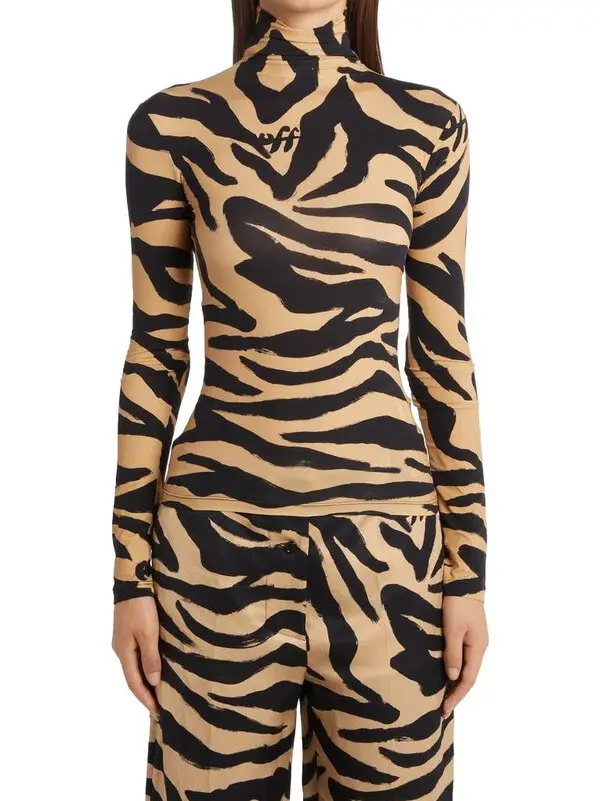 Off-White Zebra Print Turtleneck Top - Beige Black