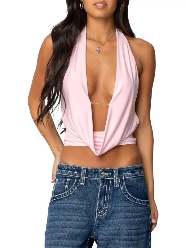 EDIKTED Plunge Cowl Neck Halter Top - Light-pink