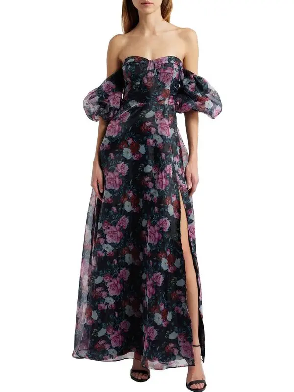 Lulus Floral Bustier Gown - Black/ Pink/ White