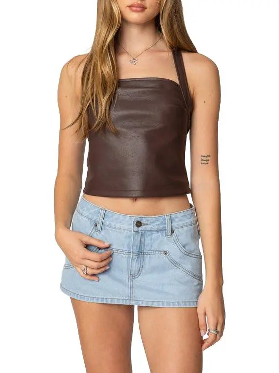 EDIKTED Faux Leather Halter Crop Top - Brown