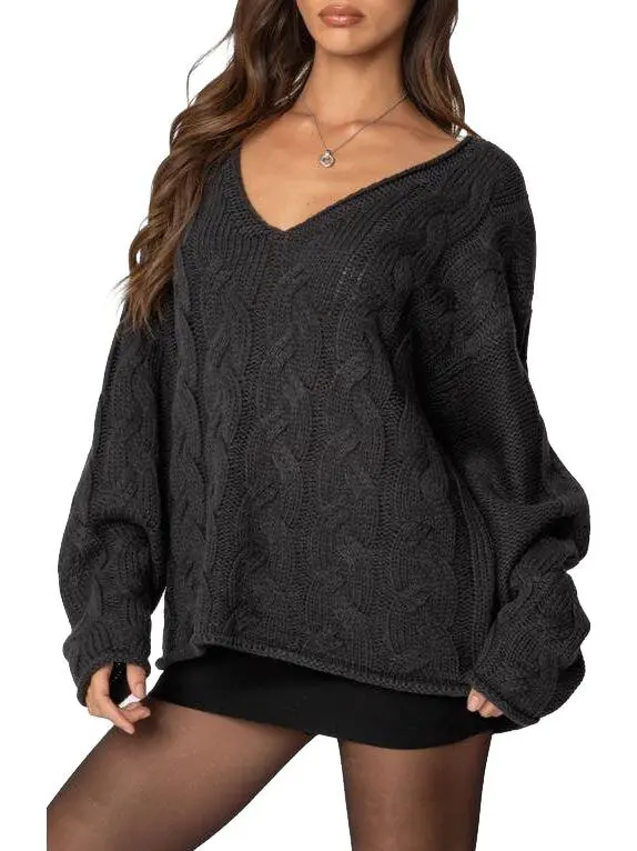 EDIKTED Inga Oversize V-neck Cable Sweater - Dark-gray