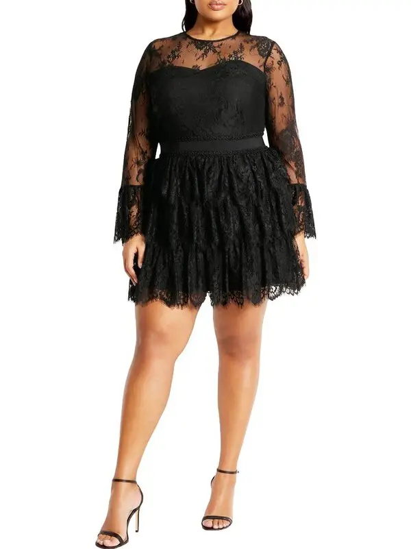 City Chic Logan Lace Overlay Long Sleeve Cocktail Dress - Black