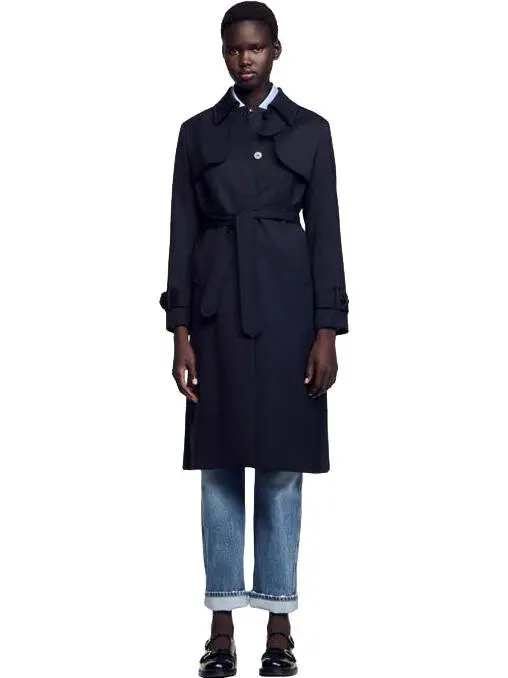 Sandro Trench Coat With Pleated Inset - Navy Blue