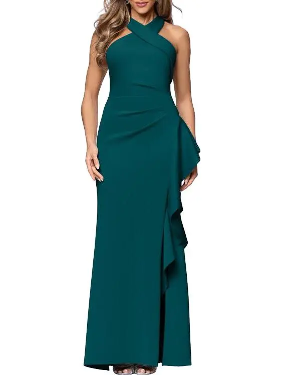 XSCAPE EVENINGS Ruffle Scuba Knit Gown - Hunter