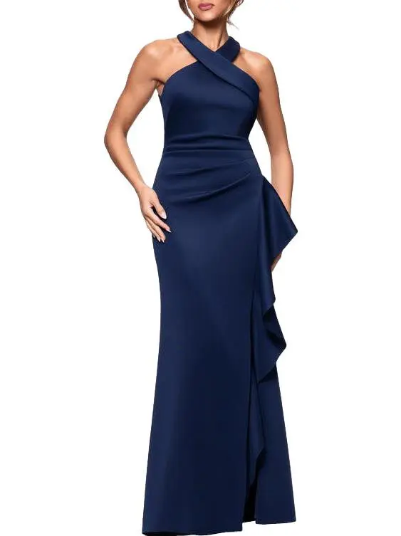 XSCAPE EVENINGS Ruffle Scuba Knit Gown - Midnight