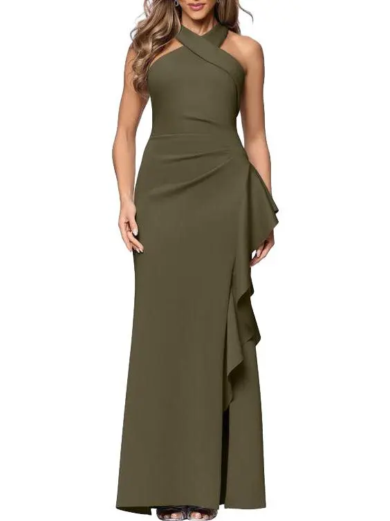 XSCAPE EVENINGS Ruffle Scuba Knit Gown - Olive