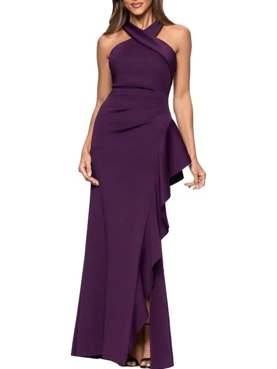 XSCAPE EVENINGS Ruffle Scuba Knit Gown - Plum