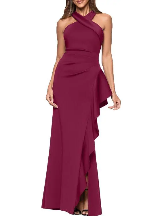 XSCAPE EVENINGS Ruffle Scuba Knit Gown - Wine