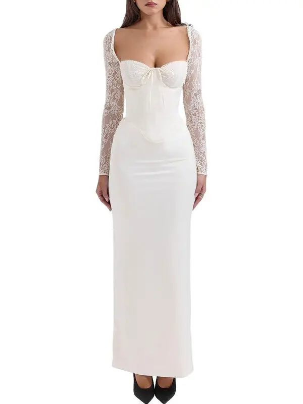 House Of Cb Perdi Corset Bodice Long Sleeve Gown - Ivory