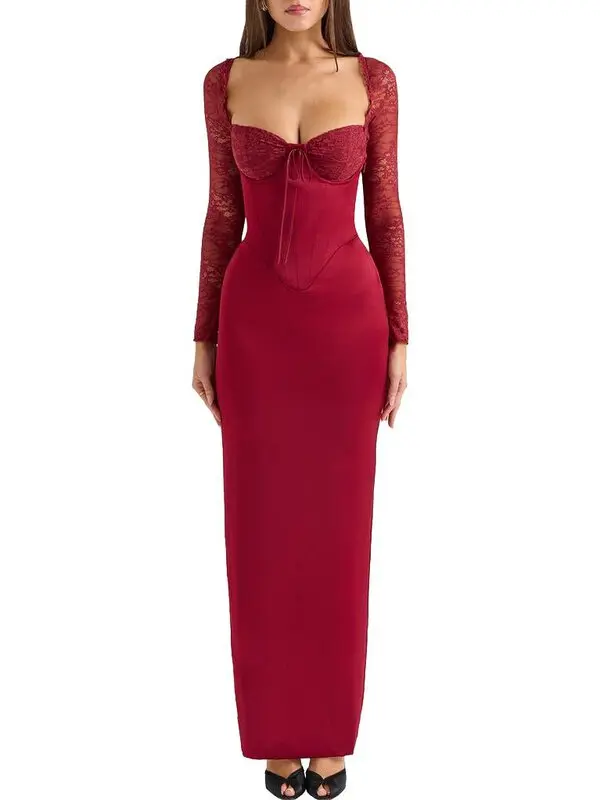 House Of Cb Perdi Corset Bodice Long Sleeve Gown - Rhubarb