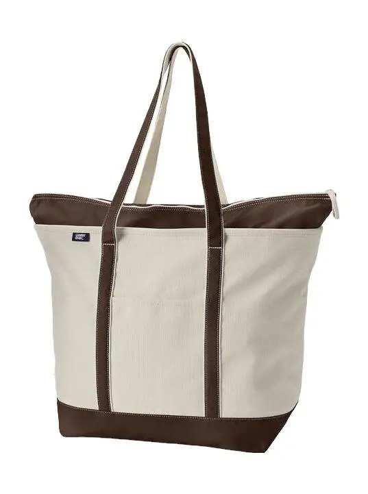 LANDS' END Zip Top Canvas Tote Bag - Natural/brown Root