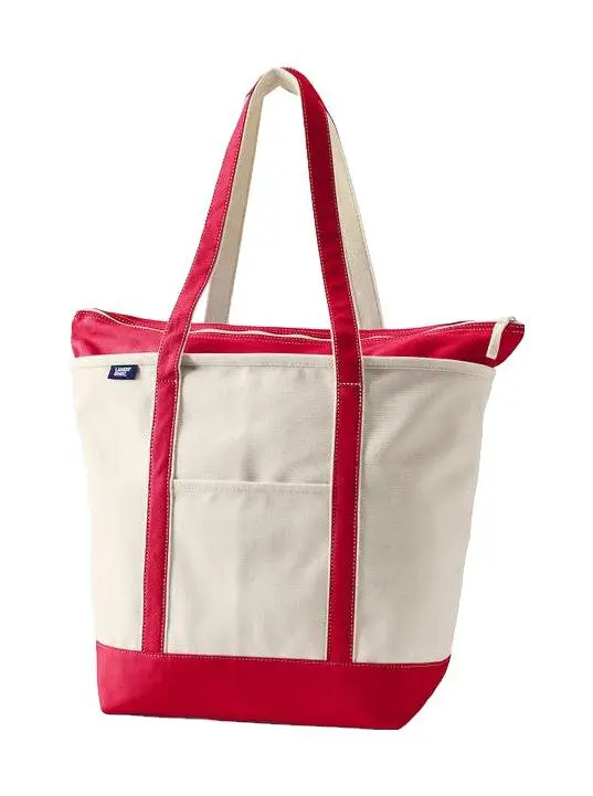 LANDS' END Zip Top Canvas Tote Bag - Natural/heritage Red