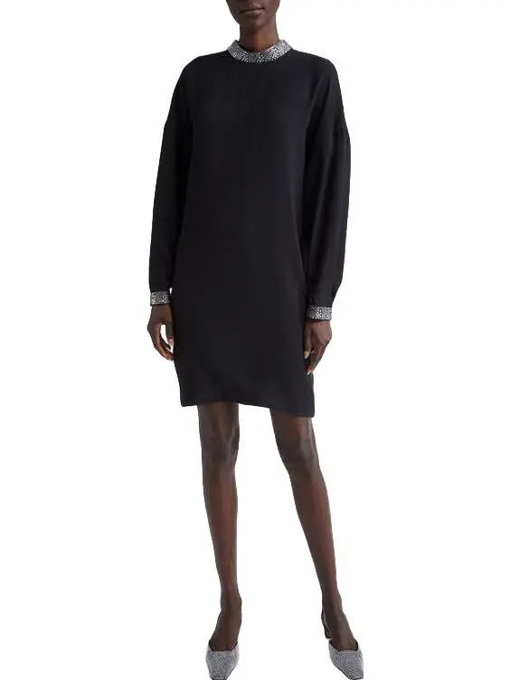 St. John Long Sleeve Dress With Satin Trim - Black