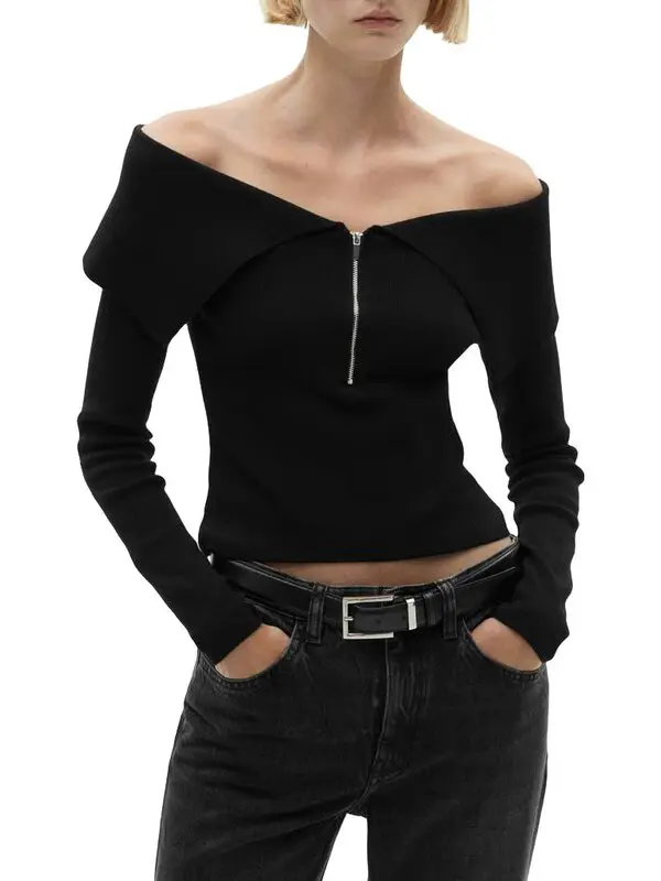 Mango Off-the-shoulder Zip-up Cardigan - Black