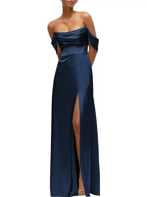 After Six Off The Shoulder Satin Charmeuse Gown - Midnight