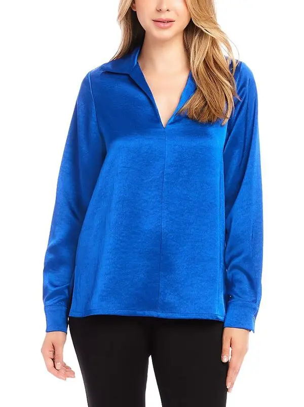 Karen Kane Collared Long Sleeve Satin Blouse - Royal Blue