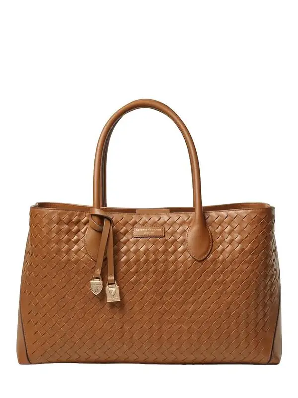 ASPINAL OF LONDON Woven Leather Tote With Charm - Tan