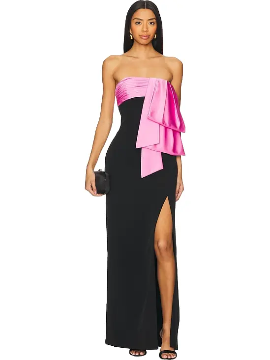 AMUR Melodie Bow Gown - Black & Pink Cosmo