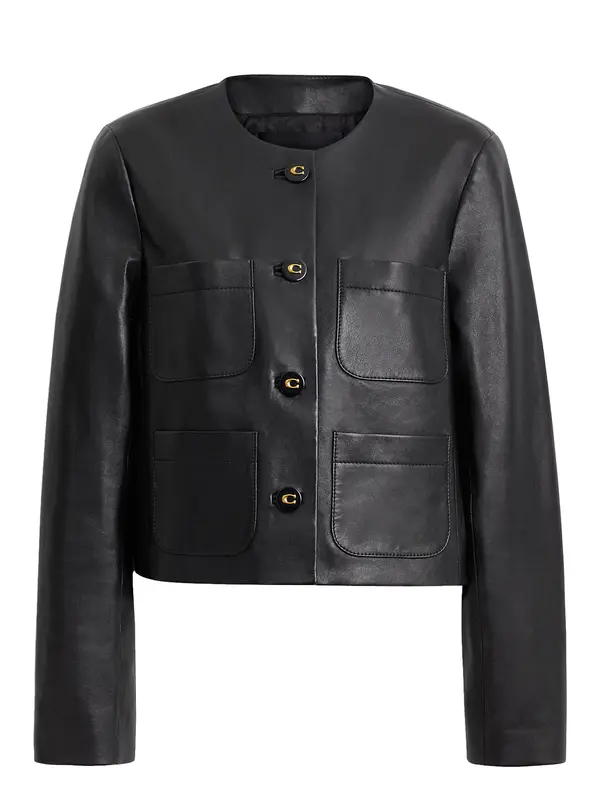 COACH Collarless Leather Jacket - Black