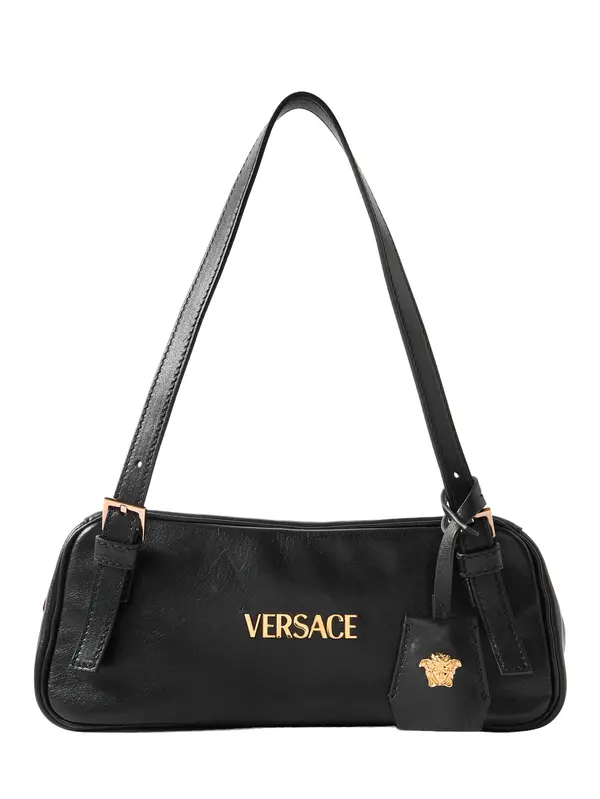Versace Tag Embellished Shoulder Bag - Black