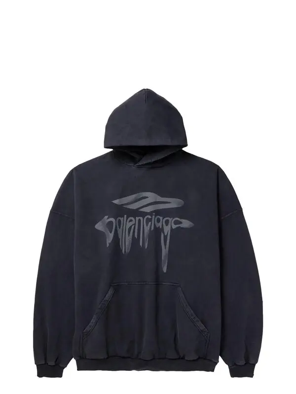 Balenciaga Oversized Distressed Logo-print Cotton-jersey Hoodie - Black