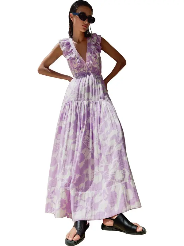 ME+EM Cheesecloth Tulip Print Maxi Dress - Soft White/sherbet Lilac