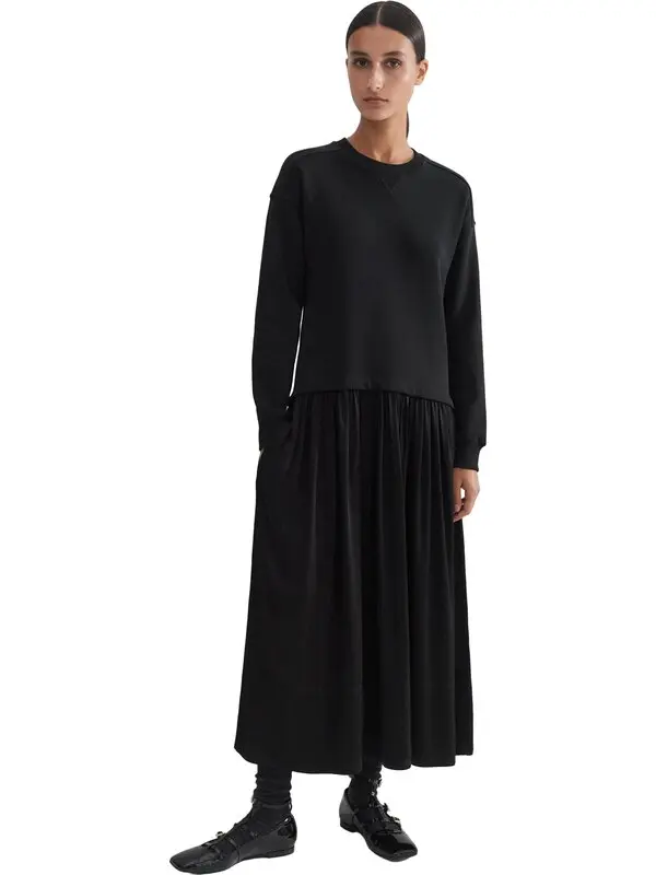 ME+EM Mixed Media Sweatshirt Maxi Dress - Black