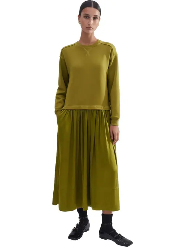 ME+EM Mixed Media Sweatshirt Maxi Dress - Bright Olive