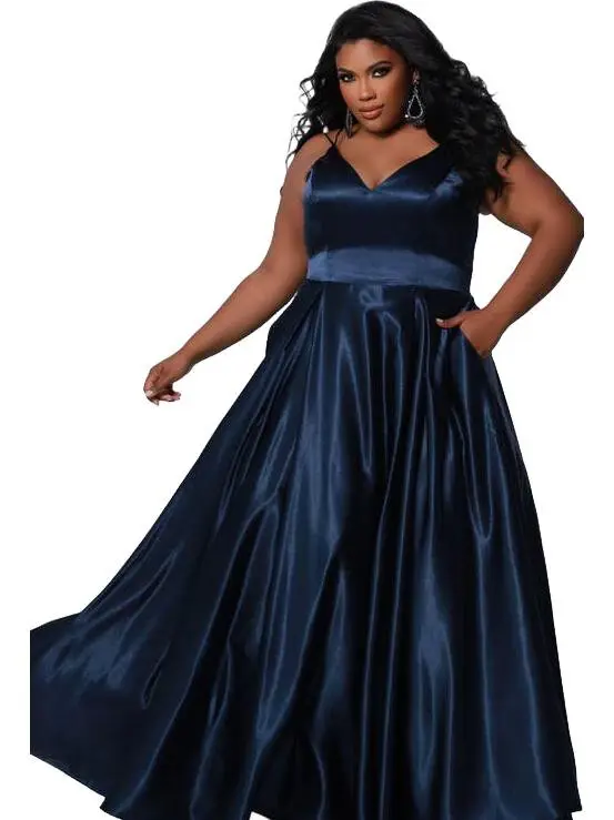 SYDNEY'S CLOSET Satin A-line V-neck Gown - Navy