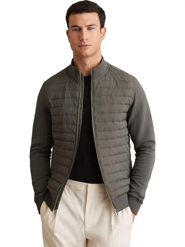 REISS Hybrid Quilt And Knit Zip-through Jacket - Sage