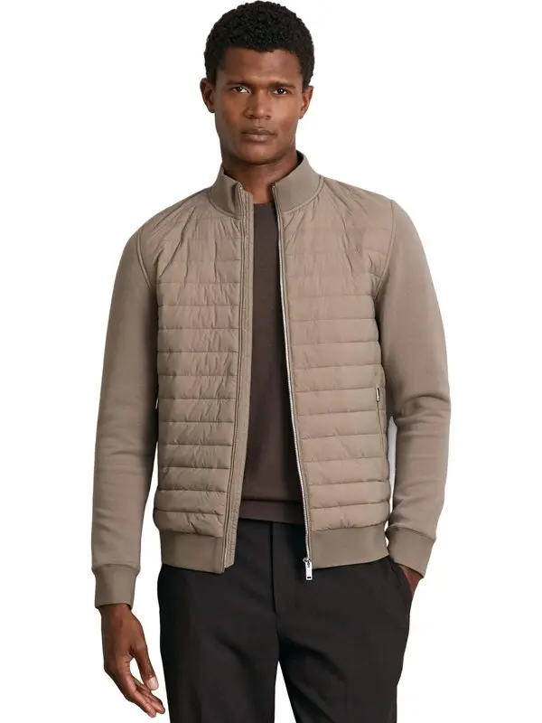REISS Hybrid Quilt And Knit Zip-through Jacket - Taupe Brown