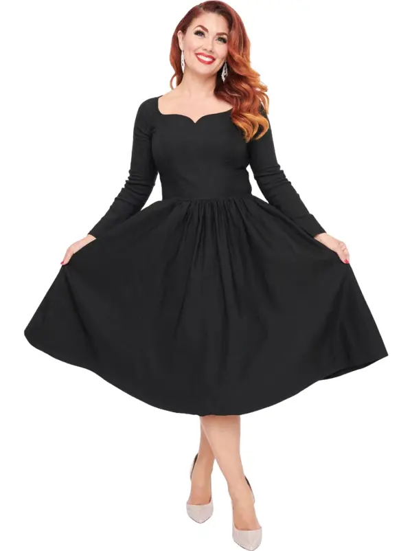 Unique Vintage Sweetheart Long Sleeve Swing Dress - Black