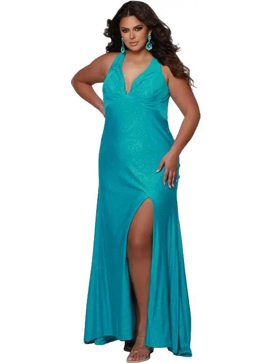 SYDNEY'S CLOSET Fitted Empire Waist V-neck Gown - Aqua