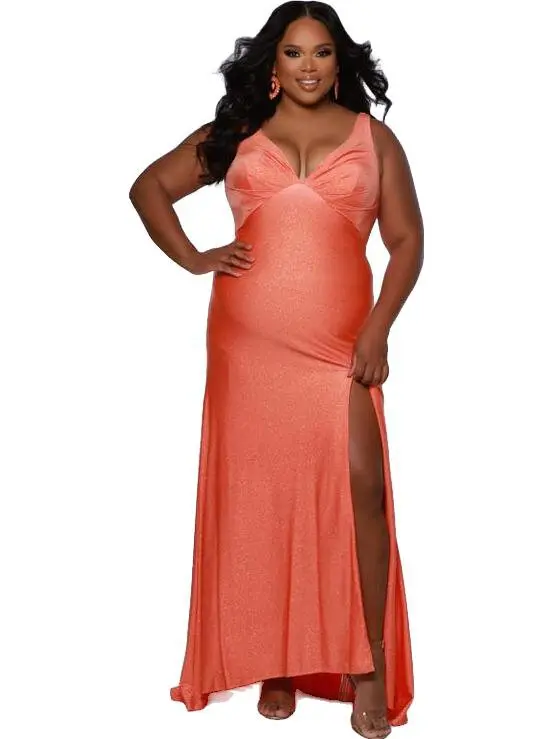 SYDNEY'S CLOSET Fitted Empire Waist V-neck Gown - Tangerine