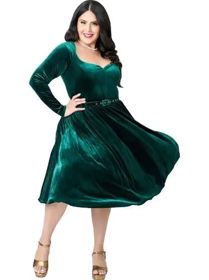 Unique Vintage Velvet Swing Dress - Emerald