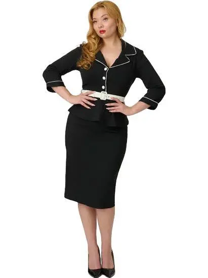 Unique Vintage Peplum Pencil Dress - Black & Ecru
