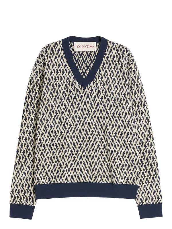 Valentino Garavani V Jacquard Wool Sweater - Navy/cream