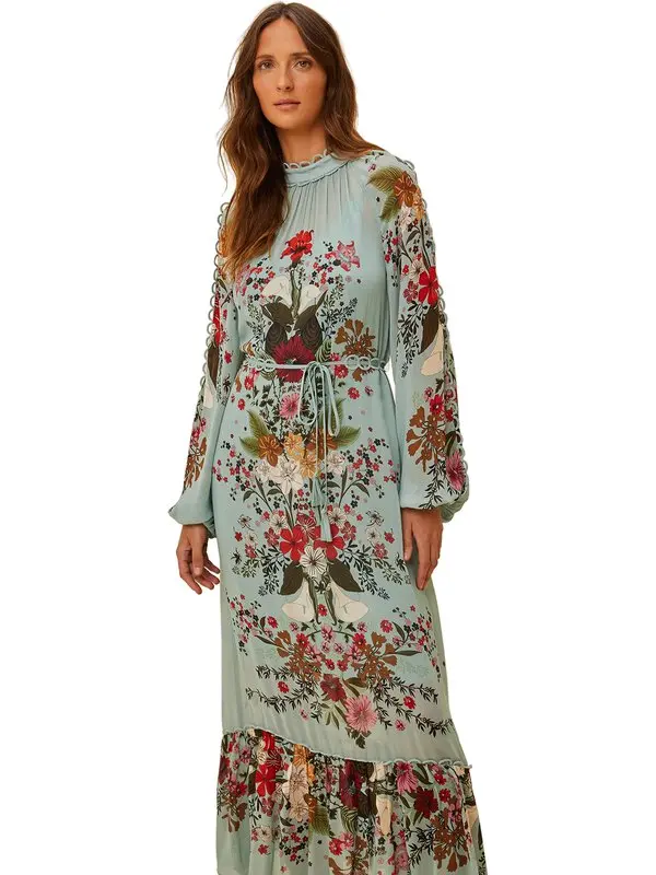 Farm Rio Long Sleeve Maxi Dress - Beauty Bouquet Blue