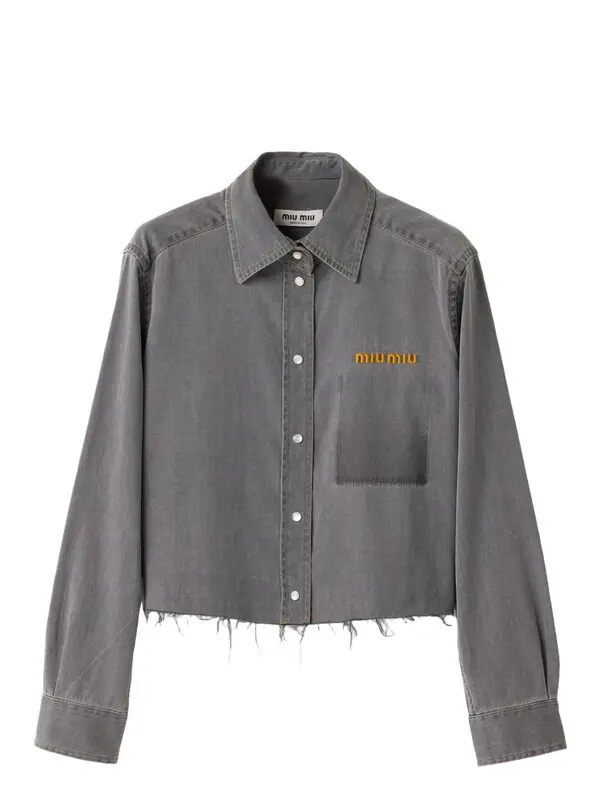 Miu Miu Cropped Chambray Shirt With Embroidered Logo - Grey