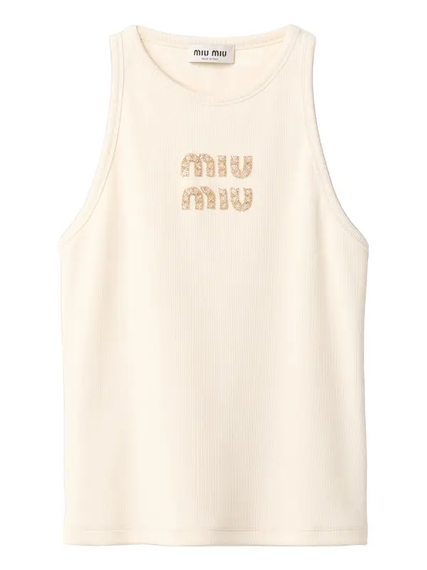 Miu Miu Ribbed Jersey Top With Embroidered Logo - Natural