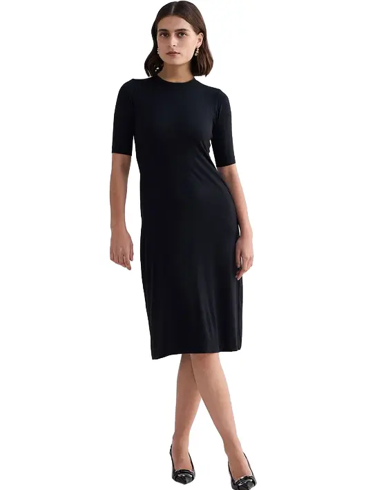 REISTOR High Crew Neck Elbow Sleeves Fitted Dress - Black