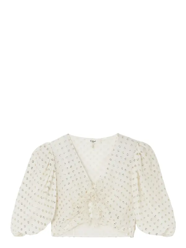 Chloé Cropped Ruffled Gathered Metallic Polka-dot Silk-blend Blouse - Ivory